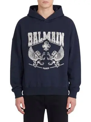 Balmain Cotton Blend Hoodie With Graphic Logo Print - Black