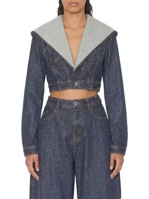 Alaïa Cropped Denim Jacket With Hooded Collar - Blue