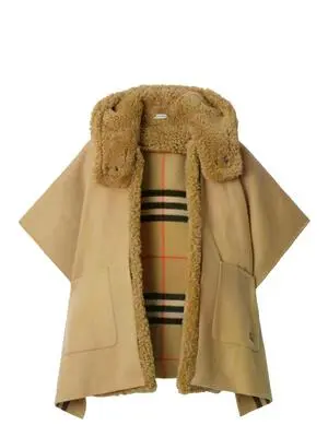 Burberry Reversible Shearling Trim Check Cashmere Cape - Neutrals