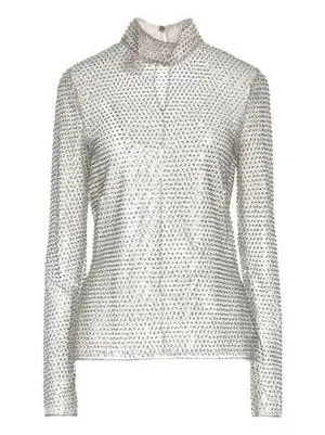 SEMICOUTURE Long Sleeve Mock Neck Sequin Tulle Top - Silver