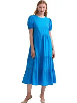 FINERY LONDON Genevive Cotton Midi Tiered Dress - Blue