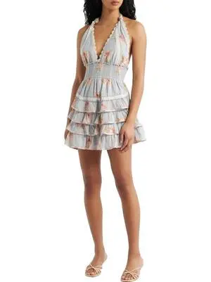 LoveShackFancy Kerch Layered Ruffle Halter Mini Dress - Rustic Sky