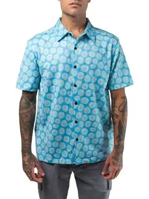 VAST Aqua Terra Mid Century Modern Tech Short Sleeve Performance Button-up Shirt - Green Multi