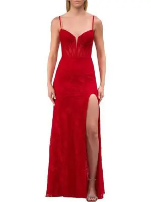 La Femme La Femme Stretch Lace Fitted Dress With Bustier Top Red