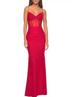 La Femme Jersey Dress With Illusion Waist And Bustier Top - Red