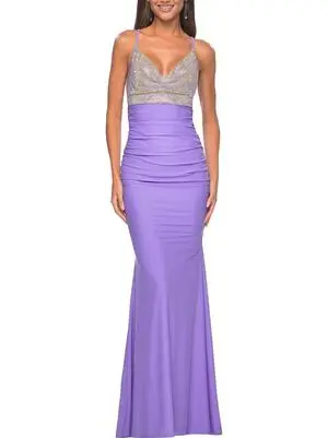 La Femme Ruched Jersey Gown With Rhinestone Mesh Bodice - Periwinkle