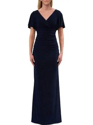 La Femme Flutter Sleeve Rhinestone Embellished Evening Dress - Navy