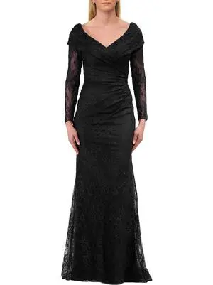 La Femme Lace Long Sleeve V-neck Evening Gown - Black