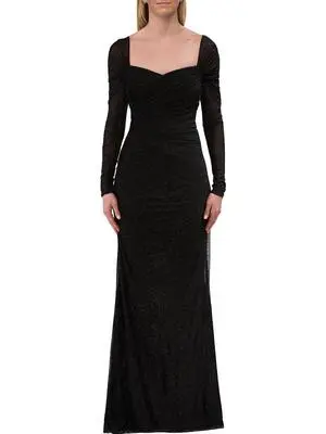 La Femme Long Sleeve Rhinestone Gown - Black