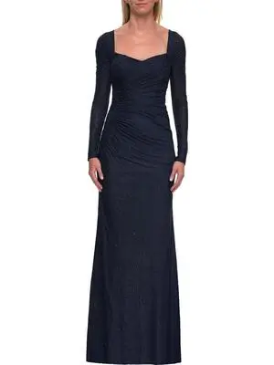 La Femme Long Sleeve Rhinestone Gown - Navy