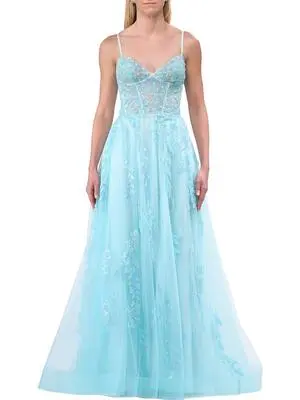 La Femme A-line Prom Dress With Corset Top And Floral Applique - Light Blue