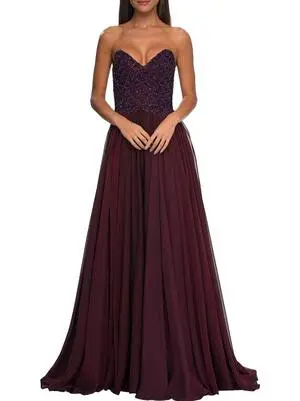 La Femme Chiffon Gown With Lace Top - Garnet