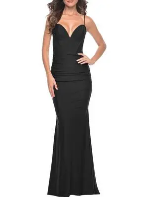 La Femme Jersey Bustier Dress With Illusion Back - Black