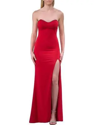 La Femme Fitted Jersey Gown With Rhinestone Neckline - Red
