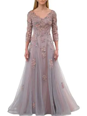 La Femme A-line Tulle Gown With Beaded Lace Applique - Pink/silver
