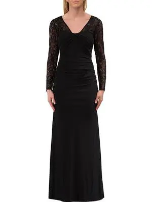 La Femme Long Sleeve Evening Gown With Ruching And Lace - Black