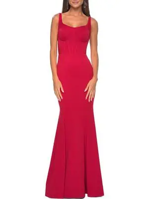 La Femme Mermaid Jersey Gown With Lace Up Back - Red