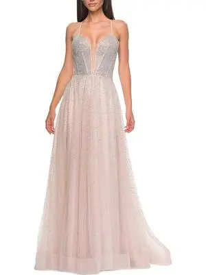 La Femme Rhinestone Tulle A-line Gown With Corset Bodice - Blush