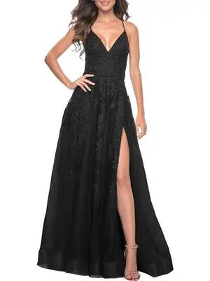 La Femme Tulle Ball Gown With Floral Detail And Slit - Black
