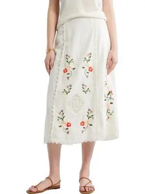 Treasure & Bond Embroidered Linen-blend Eyelet Midi Skirt - Ivory Multi Embroidery