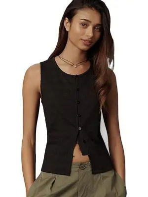 Sanctuary Textured Button Front Vest Top - Black