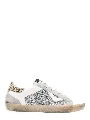 4B12 Glitter-embellished Leopard-print Sneakers - Silver