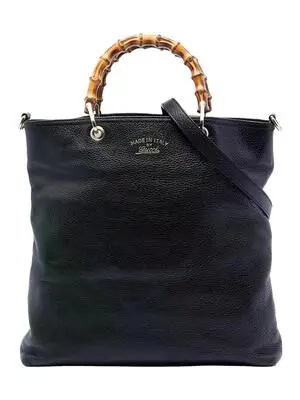 Gucci Tall Leather Bamboo Shopper Tote Satchel - Black