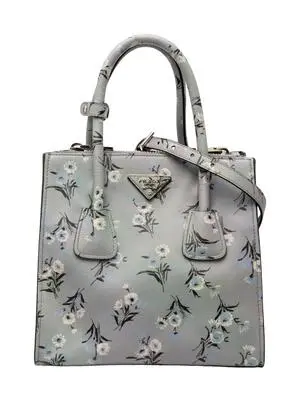 Prada Saffiano Floral Print Twin Pocket Satchel - Grey