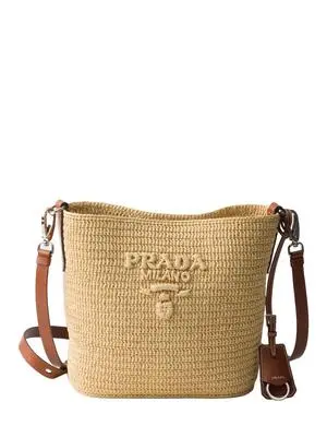 Prada Small Crochet And Leather Bucket Bag Beige/brandy