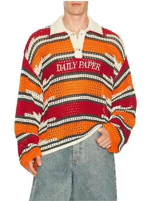 DAILY PAPER Kente Stripe Knit Polo In . Also - Red