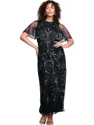 Roaman's Beaded Capelet Maxi Gown - Black