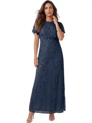Roaman's Beaded Capelet Maxi Gown - Navy
