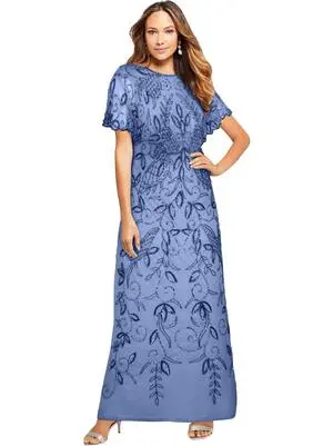 ROAMAN'S Beaded Capelet Maxi Gown - Plum Blue