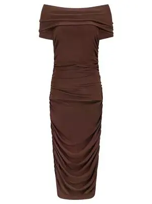 DES_PHEMMES Ruched Off-shoulder Midi Dress - Brown