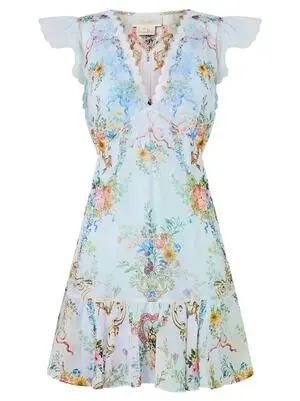 Camilla Ruffled-sleeve Mini Dress - Blue