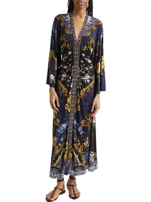 CAMILLA Beaded Print Ruched Silk Midi Dress