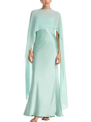 Aqua Long Satin Dress With Chiffon Overlay - Sage