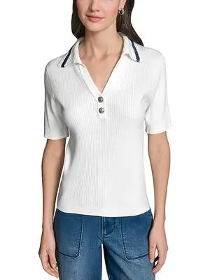 Karl Lagerfeld Paris Crochet Johnny Collar Sweater - Soft White/naval Academy