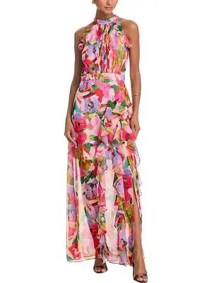 AQUA Printed Ruffle Placket Maxi Dress