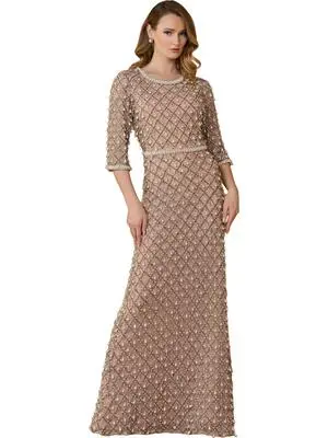 MAC DUGGAL COLLECTION Petite Pearl Embellished 3/4 Sleeve Gown - Pink
