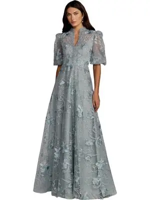Mac Duggal Queen Anne Puff Sleeve Embroidered A-line Gown - Blue