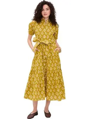 MAREA Floral Print Tiered Maxi Shirt Dress - Chartreuse Daffodil