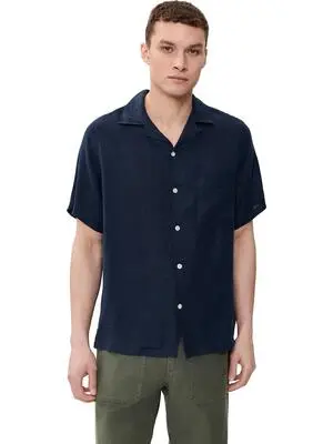 Portuguese Flannel Linen Camp Collar Shirt - Navy