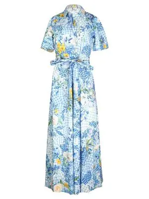 MARY KATRANTZOU Floral-print Gingham Maxi Dress - Blue