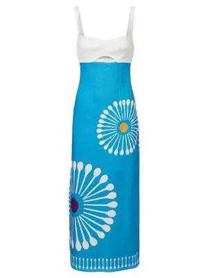 CALA DE LA CRUZ Nara Cutout Floral Linen Midi Dress - Blue