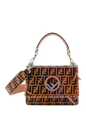Fendi Kan I F Shoulder Bag Whipstitch Zucca Embossed Leather Satchel - Brown