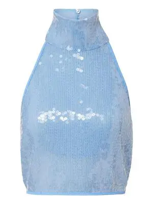 Oseree Sequined Halterneck Crop Top - Blue