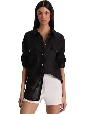 Alice + Olivia Finley Oversized Linen Button-down Shirt - Black