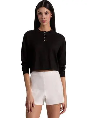 Alice + Olivia Alaina Linen Blend Henley Top - Black