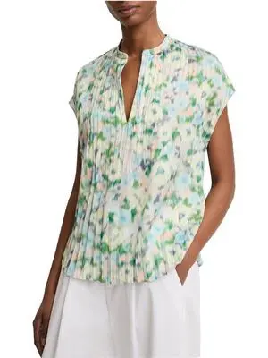 Vince Painted Garden Pleated Cap-sleeve Top - Natural